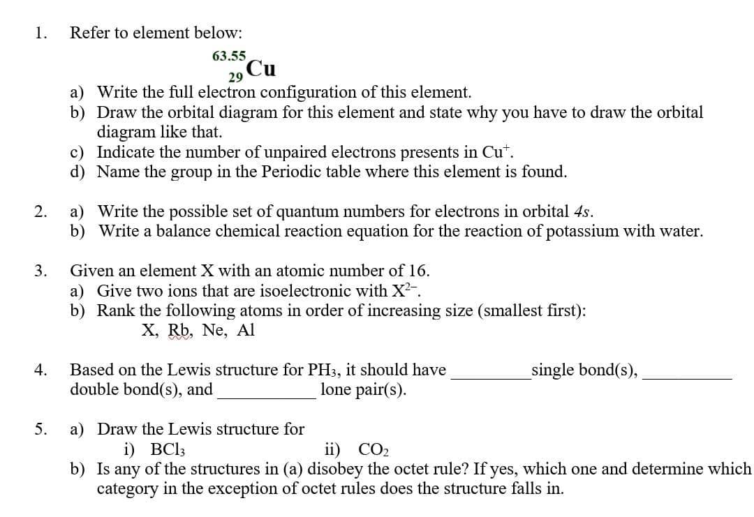 Solved 1. Refer to element below: 63.55 Cu 29 a) Write the | Chegg.com