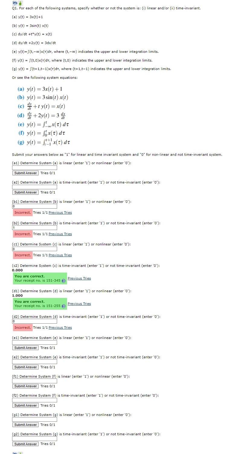 Solved Q1. For each of the following systems, specify | Chegg.com