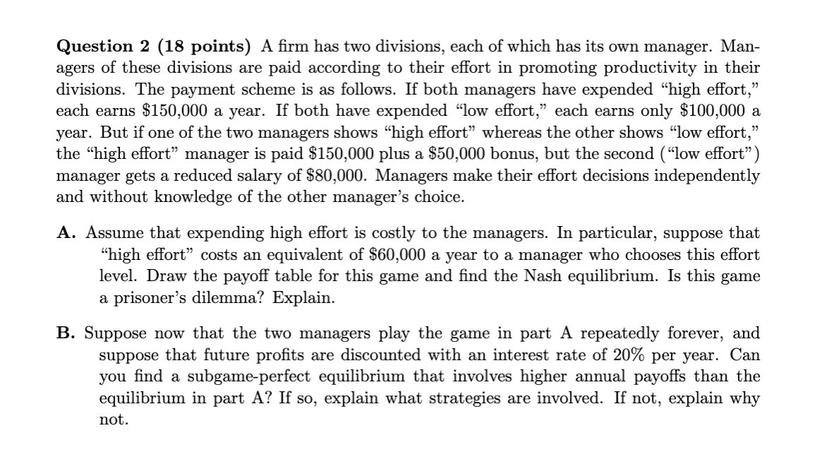 Solved Question 2 (18 points) A firm has two divisions, each | Chegg.com