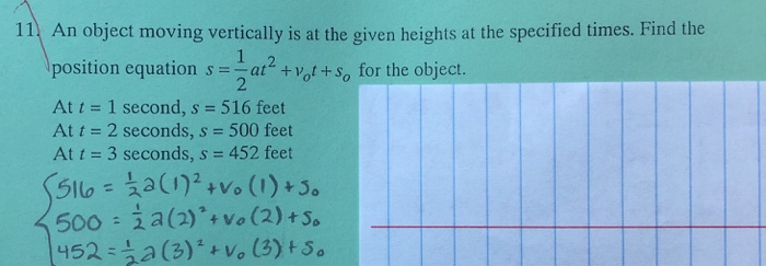 Solved 11) An object moving vertically is at the given | Chegg.com