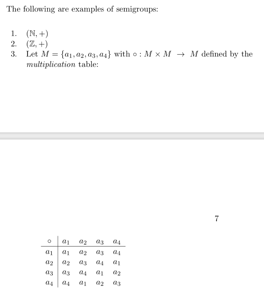 Solved The following are examples of semigroups: 1. (N, +) | Chegg.com