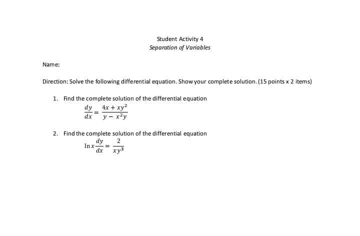 Solved Student Activity 4 Separation of Variables Name: | Chegg.com