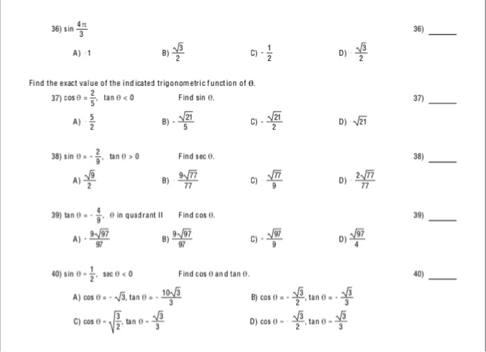 Solved 36) sin 36) A) -1 Find the exact value of the | Chegg.com