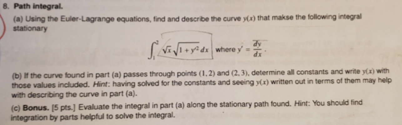 8. Path integral. (a) Using the Euler-Lagrange | Chegg.com