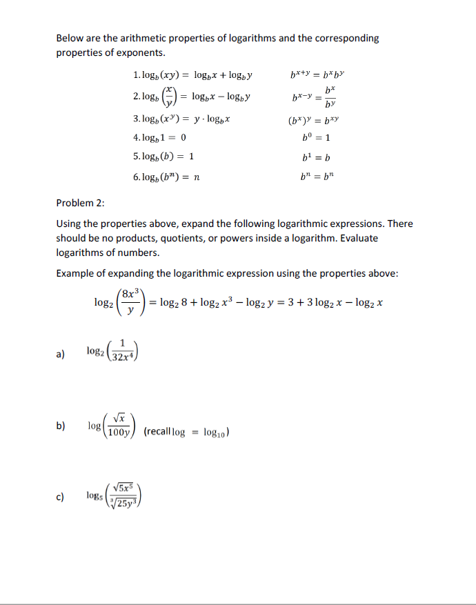 Solved Below are the arithmetic properties of logarithms and | Chegg.com