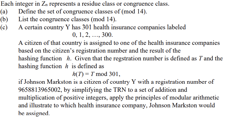 Solved ch integer in Zn represents a residue class or | Chegg.com
