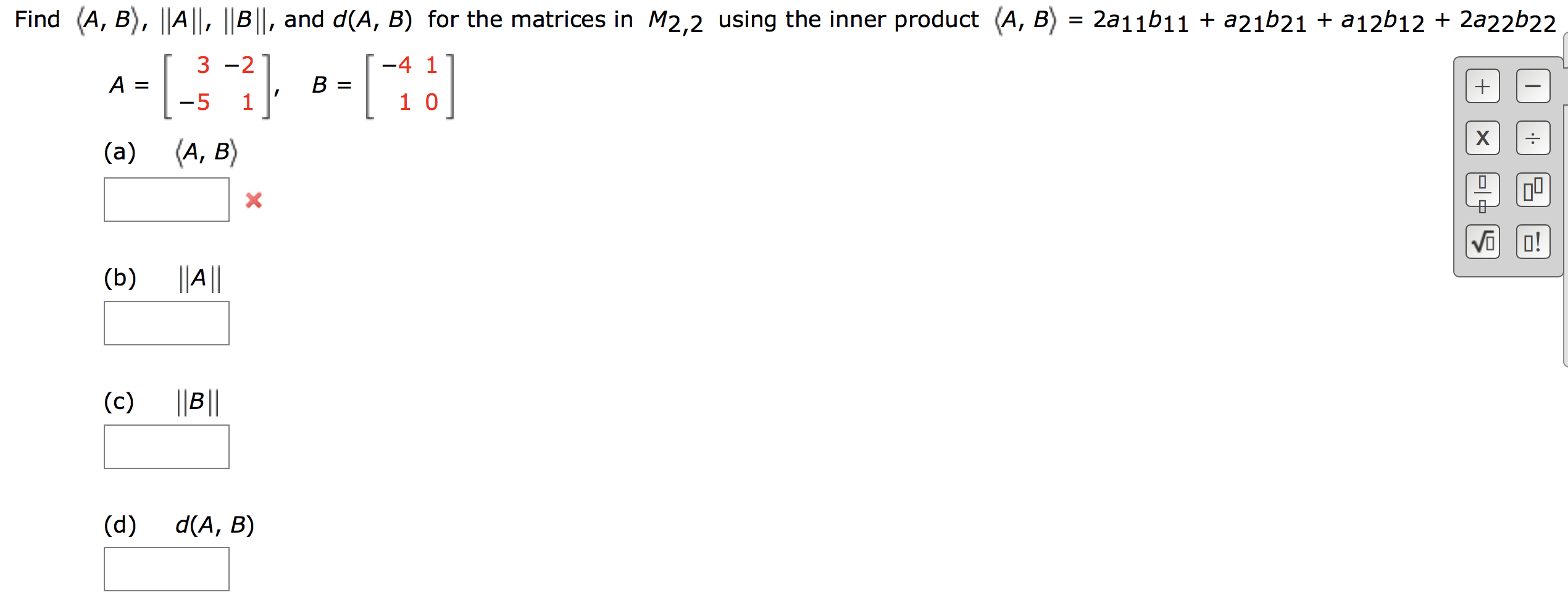 Solved Find (A,B), || A||, ||B||, and d(A, B) for the | Chegg.com