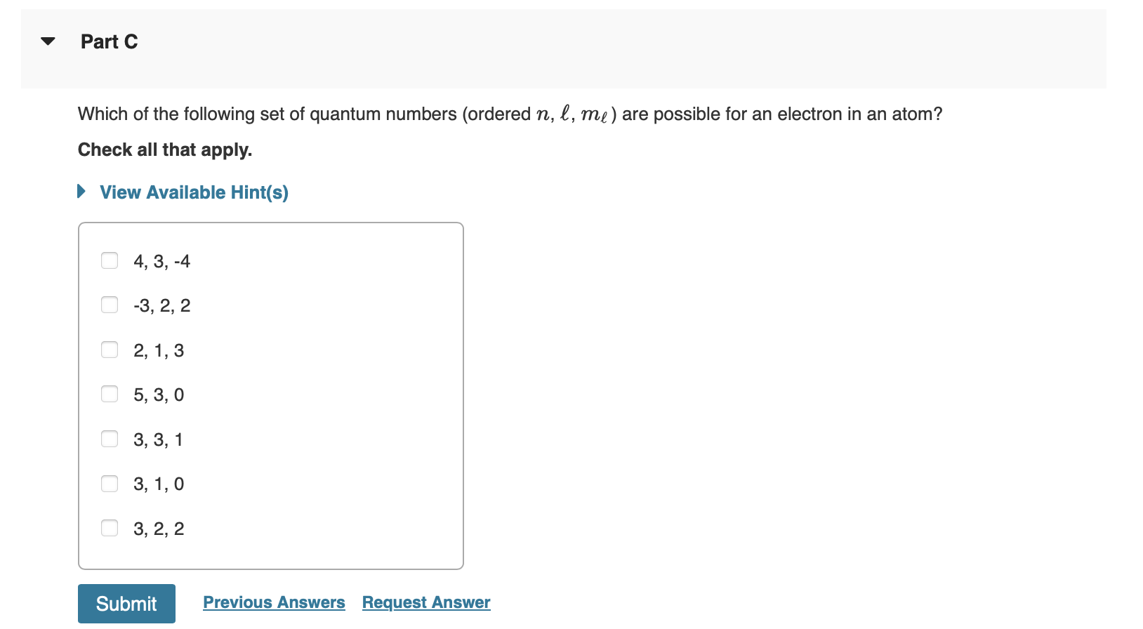 Solved Part CWhich of the following set of quantum numbers | Chegg.com