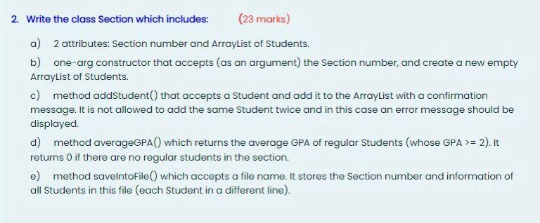 Solved 2. Write the class Section which includes: (23 marks) | Chegg.com