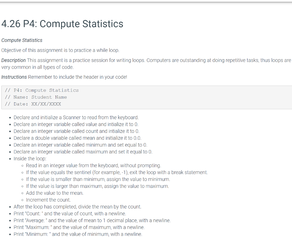 Solved 4.26 P4: Compute Statistics Compute Statistics | Chegg.com