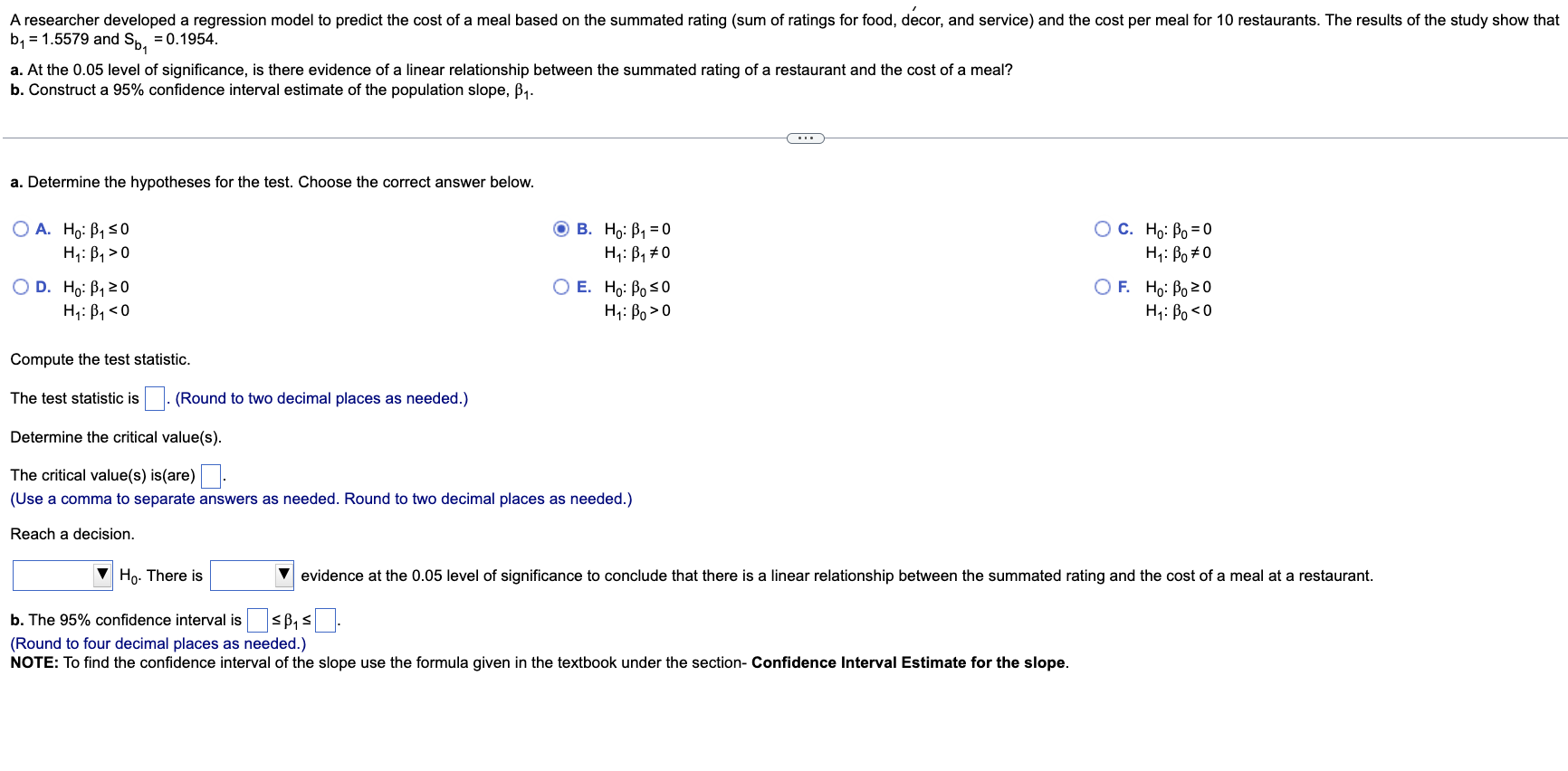 Solved b1=1.5579 and Sb1=0.1954. a. At the 0.05 level of | Chegg.com