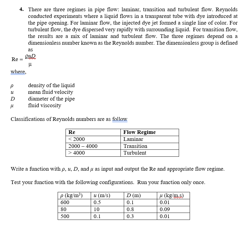 Solved 4. There are three regimes in pipe flow: laminar, | Chegg.com