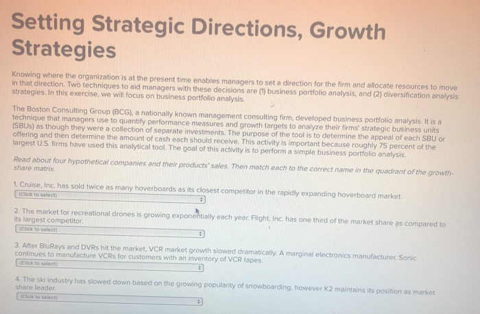 Solved Setting Strategic Directions, Growth Strategies | Chegg.com