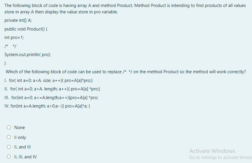 Solved The following block of code is having array A and | Chegg.com