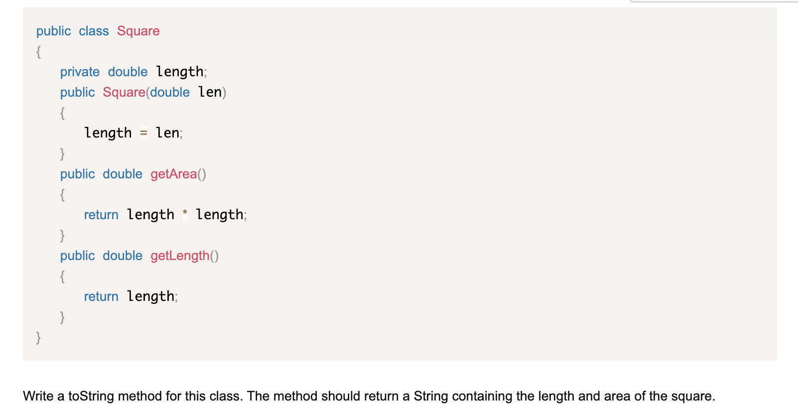 Solved public class Square \{ private double length; public | Chegg.com Solved public class Square \{ private double length; public | Chegg.com
