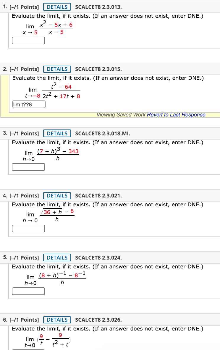 Solved 1. [-/1 Points] DETAILS SCALCET8 2.3.013. Evaluate | Chegg.com