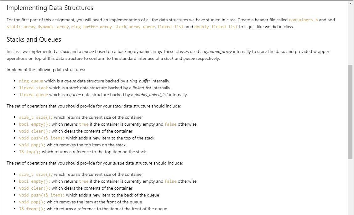 Solved Implementing Data Structures For the first part of | Chegg.com