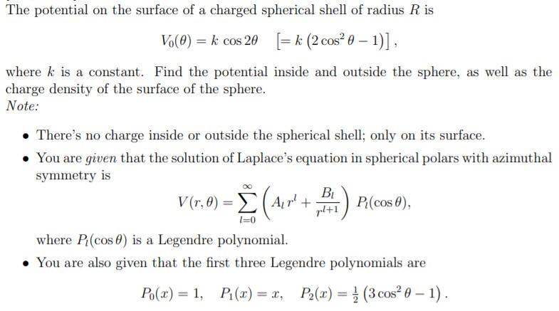 Solved The potential on the surface of a charged spherical | Chegg.com