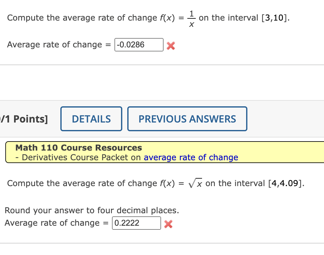 Solved Compute the average rate of change f(x)=x1 on the | Chegg.com