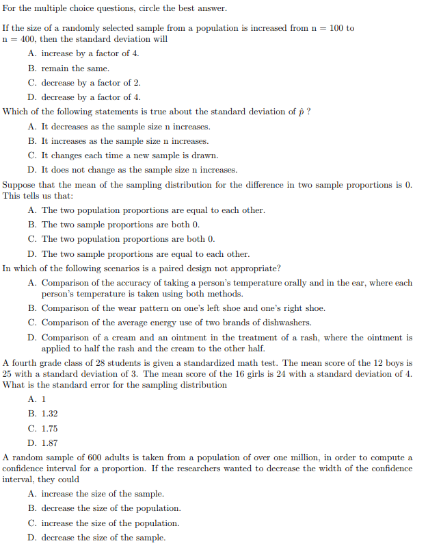 Solved For the multiple choice questions, circle the best | Chegg.com