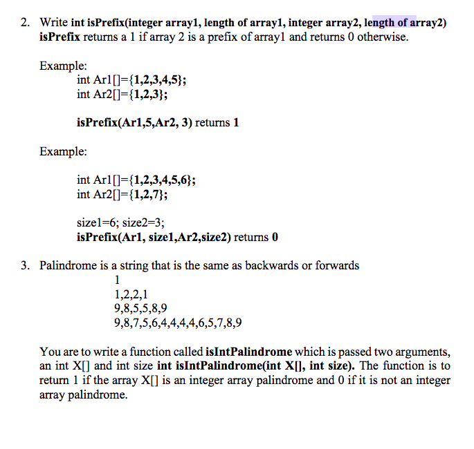 2. Write int isPrefix(integer array1, length of | Chegg.com