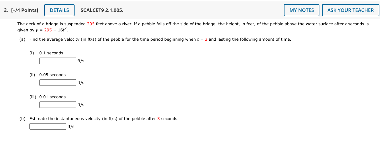 Solved The deck of a bridge is suspended 295 feet above a | Chegg.com