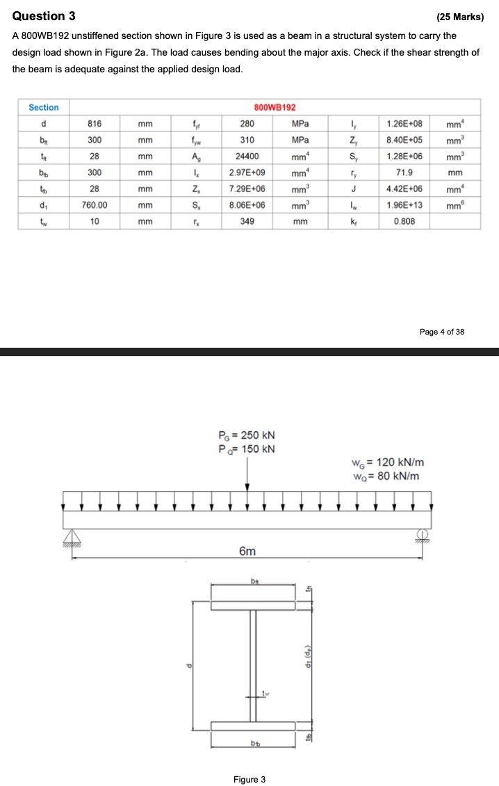 Solved Question 3 (25 Marks) A 800WB192 unstiffened section | Chegg.com