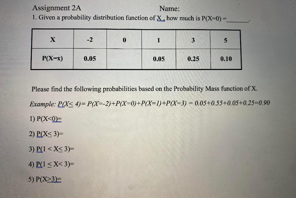 Solved Assignment 2A Name: 1. Given a probability | Chegg.com