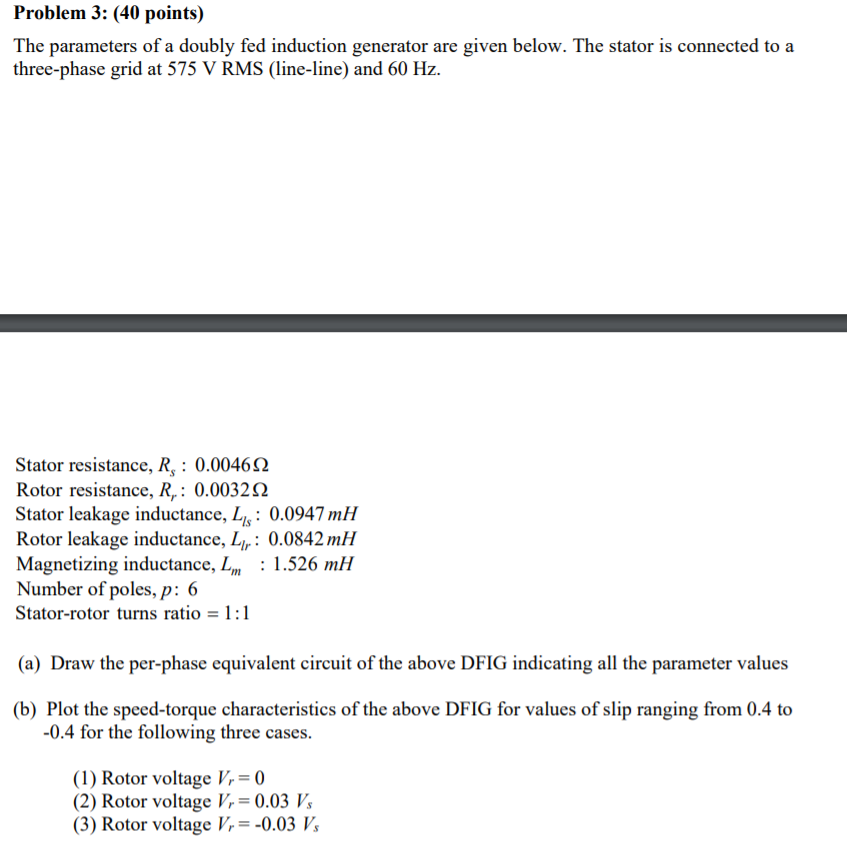 Solved Problem 3: (40 points) The parameters of a doubly fed | Chegg.com