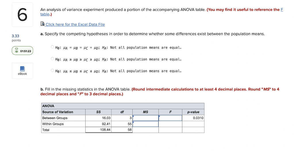 Solved An analysis of variance experiment produced a portion | Chegg.com