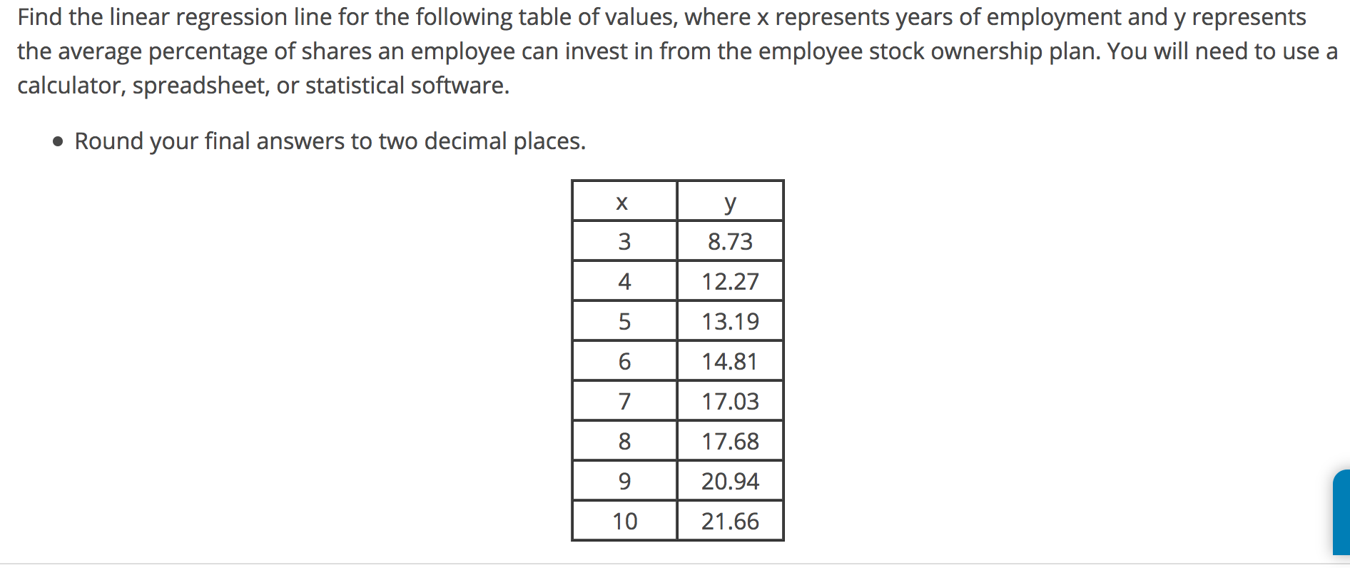 Solved Find the linear regression line for the following | Chegg.com
