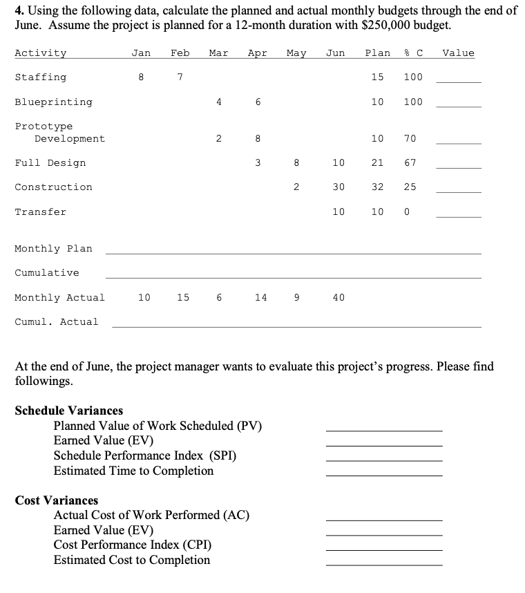 Solved 4. Using the following data, calculate the planned | Chegg.com