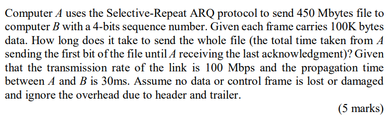 Solved Computer A uses the Selective-Repeat ARQ protocol to | Chegg.com