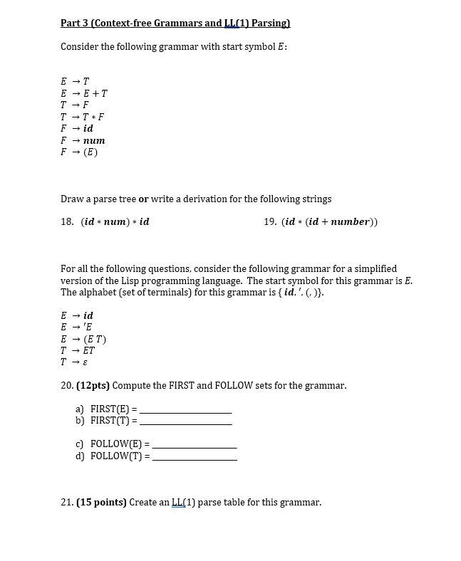 Solved Part 3 (Context-free Grammars and LL(1) Parsing) | Chegg.com