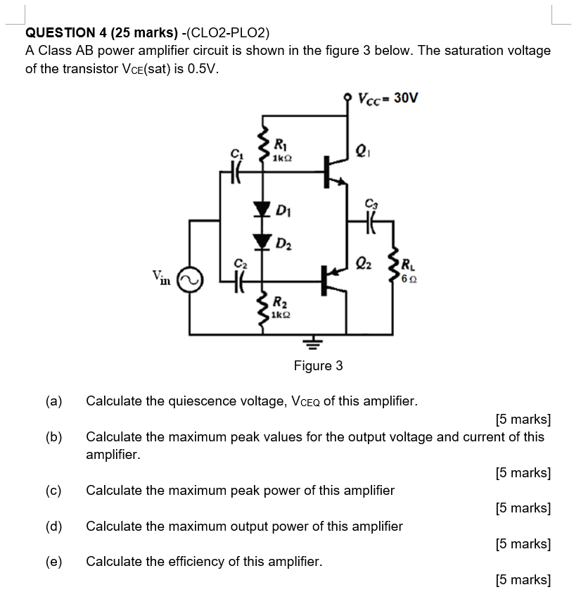 Solved QUESTION 4 (25 marks) -(CLO2-PLO2) A Class AB power | Chegg.com