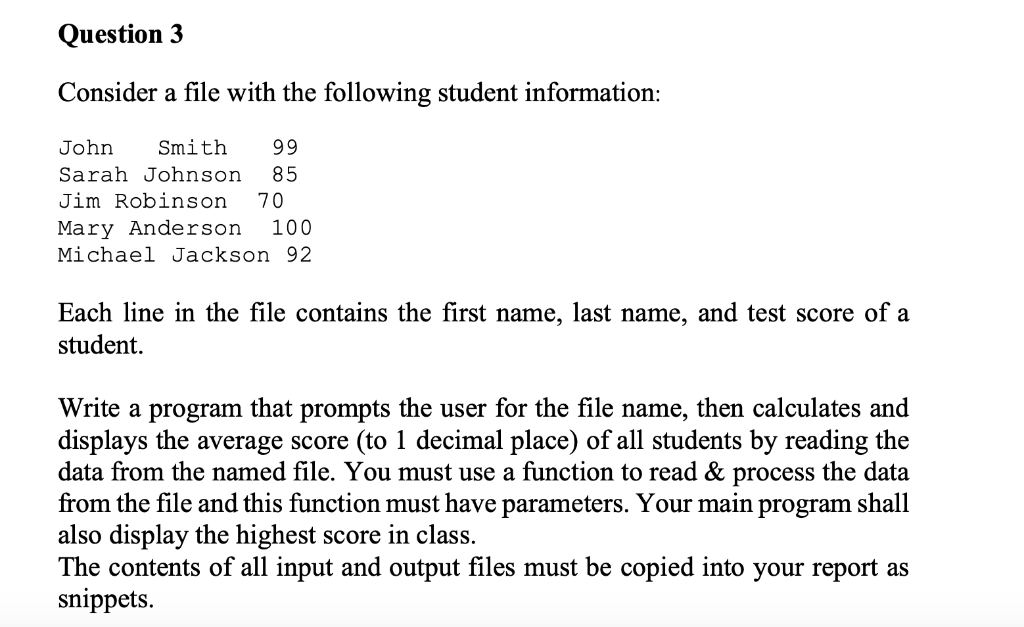 Solved Question 3 Consider a file with the following student | Chegg.com