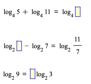 Solved log45+log411=log4 log2 −log27=log2711 log29= log23 | Chegg.com