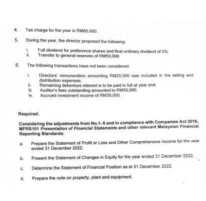 4. Tax charge for the year is RM60,000. 5. During the | Chegg.com