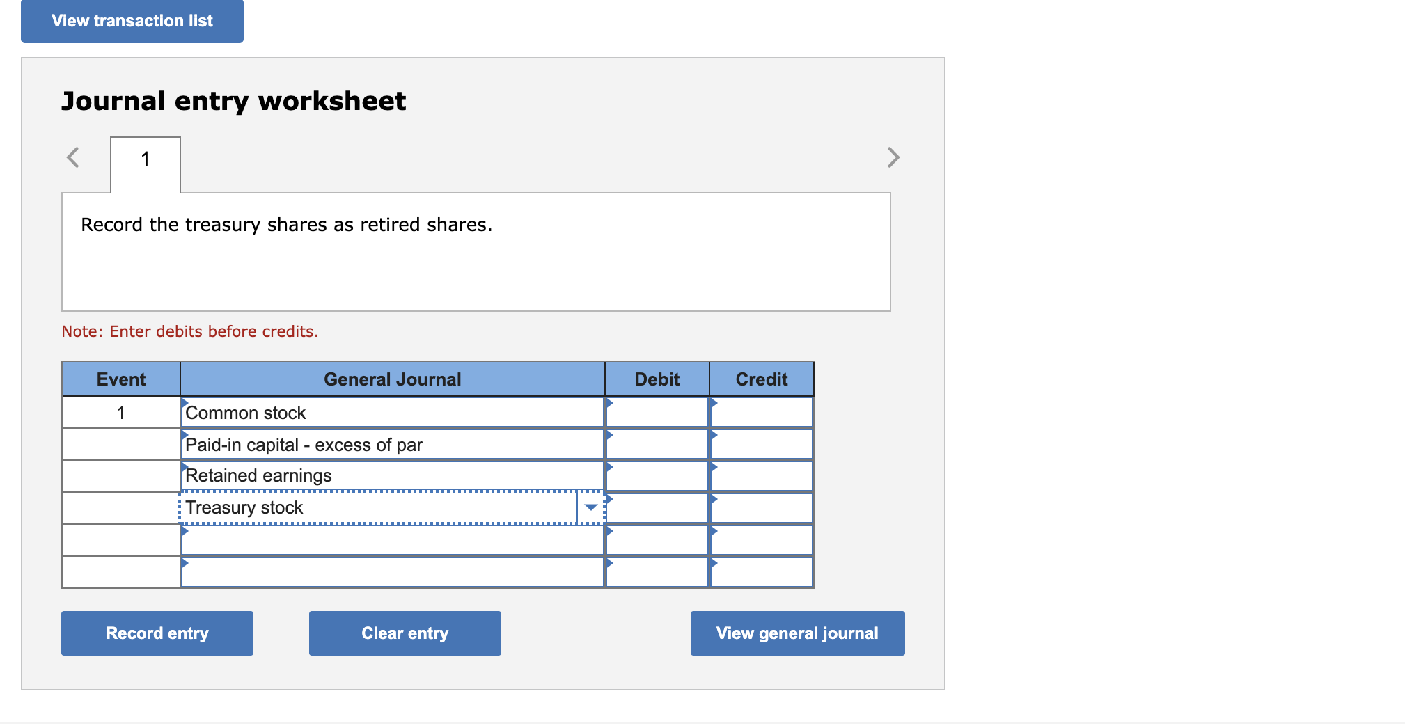Solved Journal entry worksheet Record the treasury shares as | Chegg.com