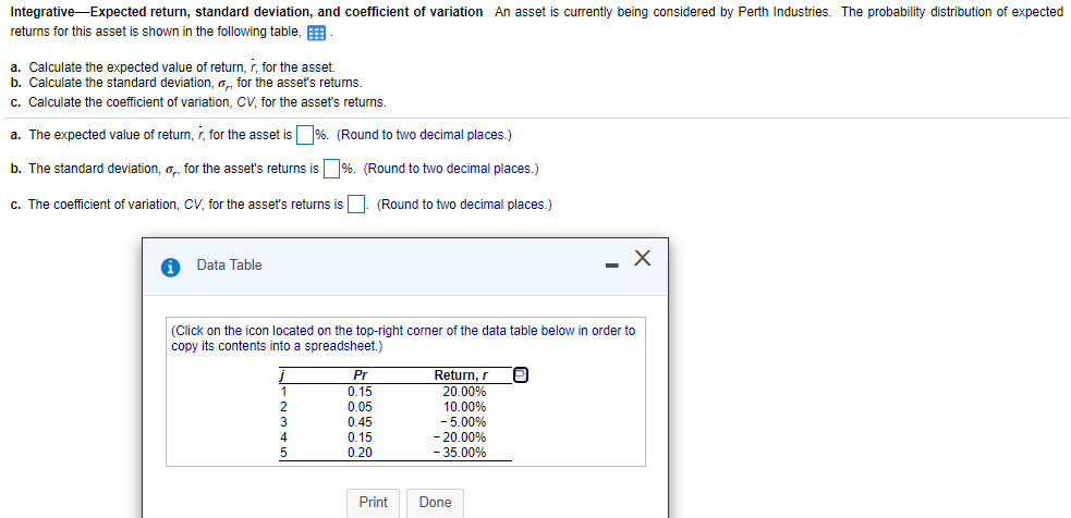 Solved Integrative-Expected return, standard deviation, and | Chegg.com