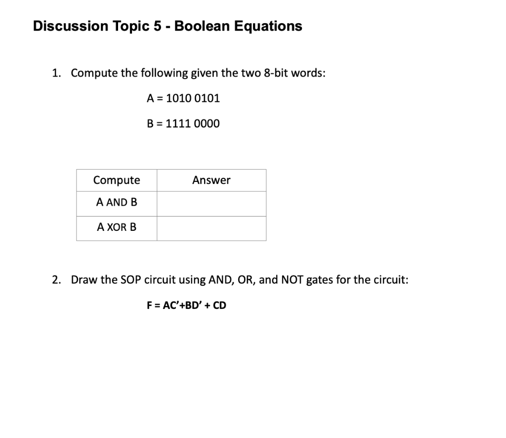 Solved Discussion Topic 5 - Boolean Equations 1. Compute the | Chegg.com