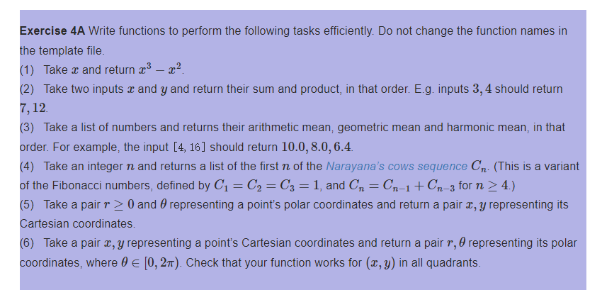 Solved Exercise 4 A Write functions to perform the following | Chegg.com