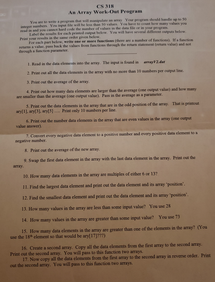 Solved CS 318 An Array Work-Out Program You are to write a | Chegg.com