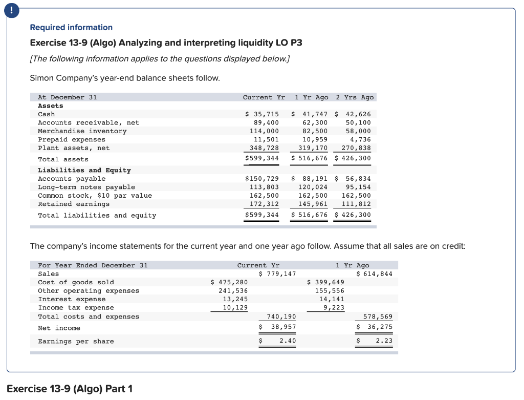 Solved ! Required information Exercise 13-9 (Algo) Analyzing | Chegg.com