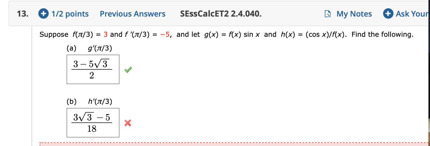 Solved 1/2 points My Notes + Ask Your SEssCalcET2 2.4.040. | Chegg.com