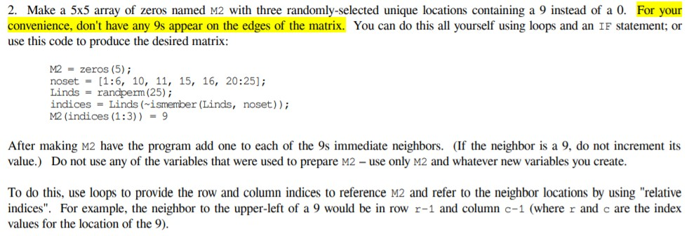 2. Make a 5x5 array of zeros named M2 with three | Chegg.com