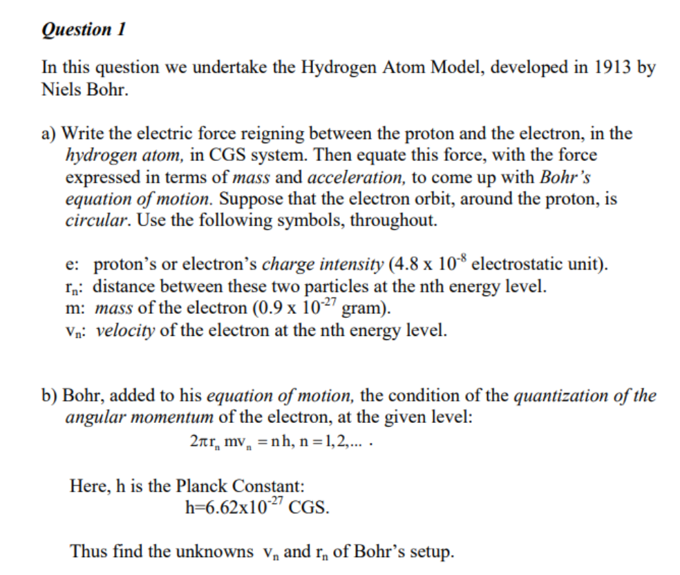 Solved Question 1 In this question we undertake the Hydrogen | Chegg.com
