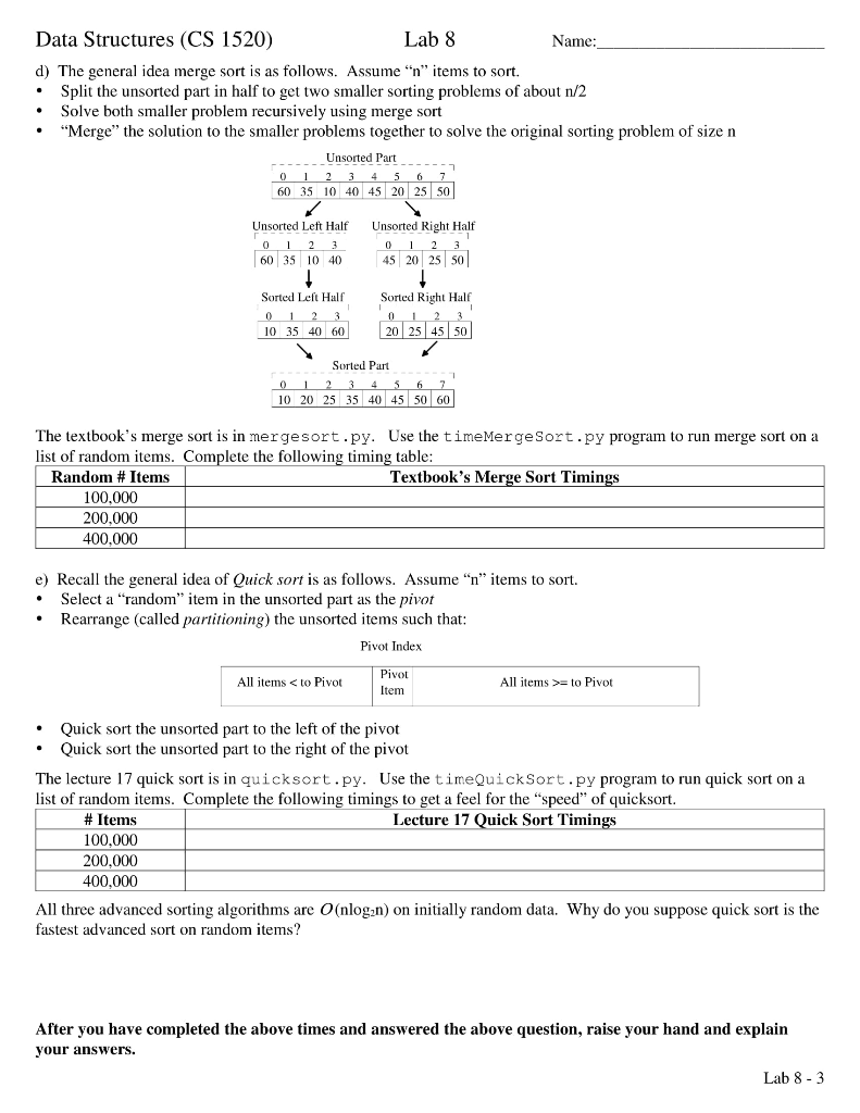 Data Structures (CS 1520) Lab 8 Name: Objectives: You | Chegg.com