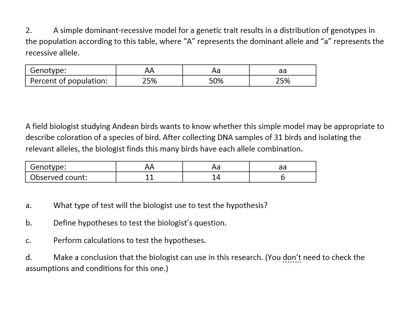 Solved 2. A simple dominant-recessive model for a genetic | Chegg.com