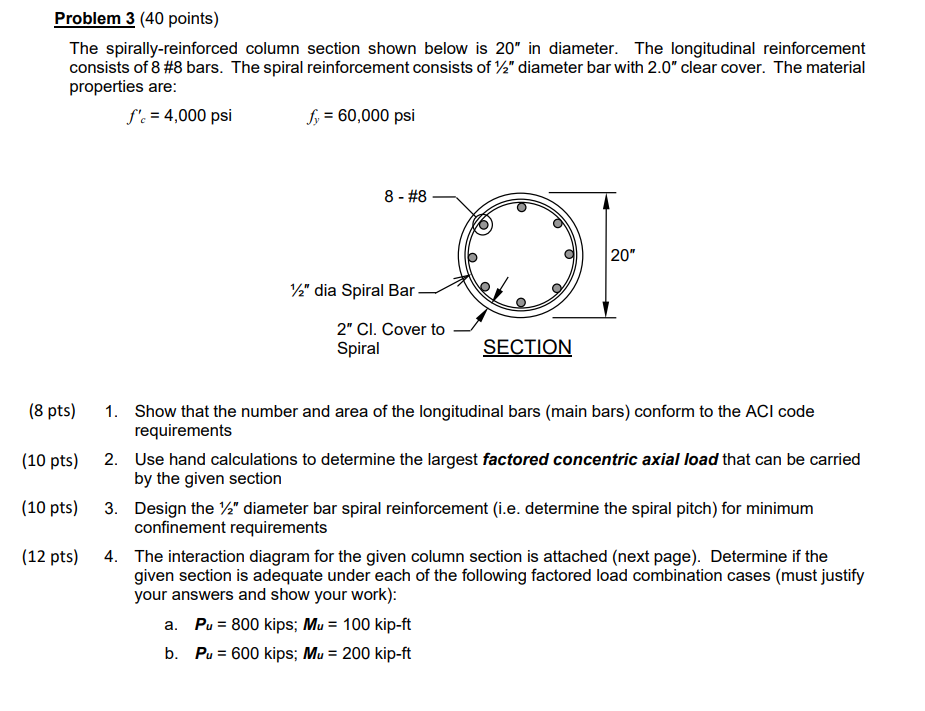 Solved The spirally-reinforced column section shown below is | Chegg.com